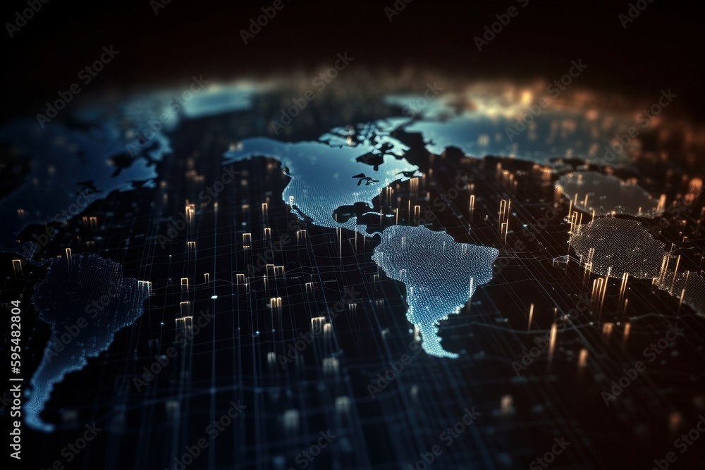 3D World Map with binary code, dots and lights representing the digital ...