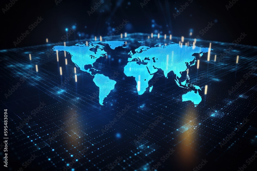 3D World Map with binary code, dots and lights representing the digital ...