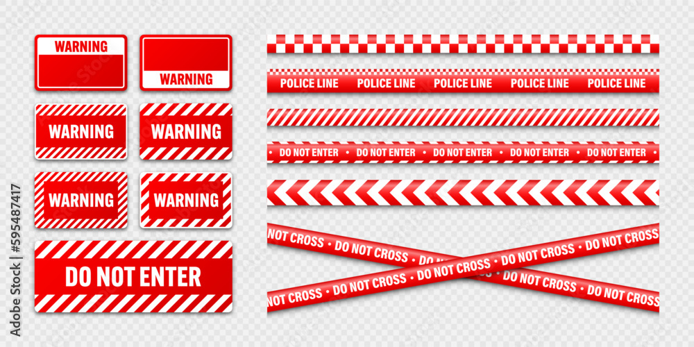 Various barricade construction tapes and warning shields. Red police ...