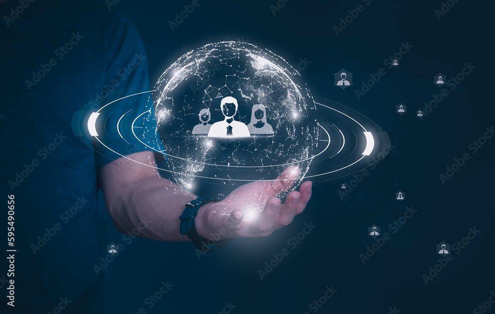 Businessman showing clients on holographic global network structure and ...
