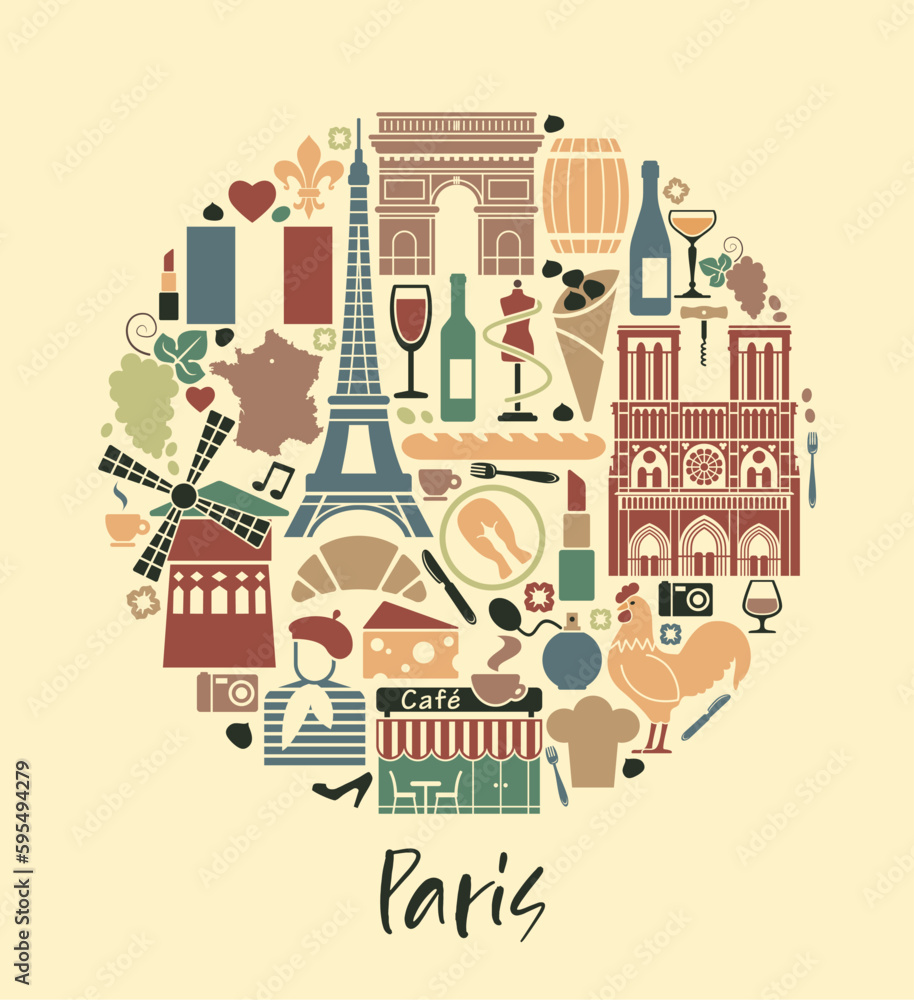 Circle Shaped vintage symbols of Paris. A set of vector illustrations ...