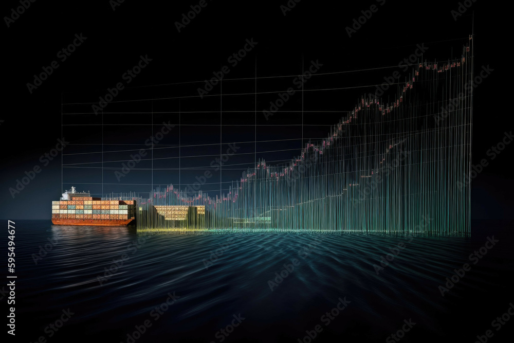 a container ship is floating in open seas and the graphs are above it ...