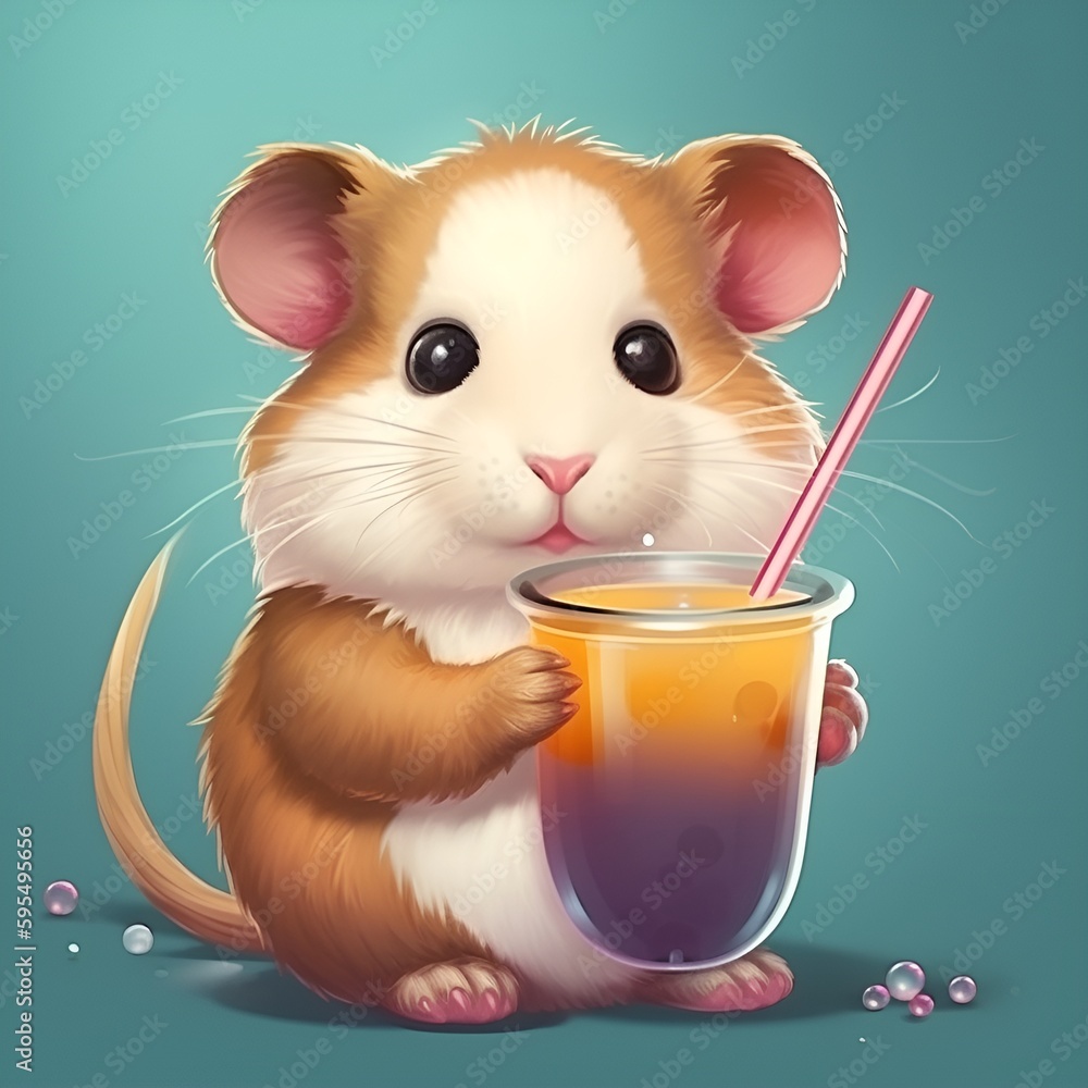 Hamster holding milk tea. Cartoon hamster. Cartoon Pet. AI art. Stock ...