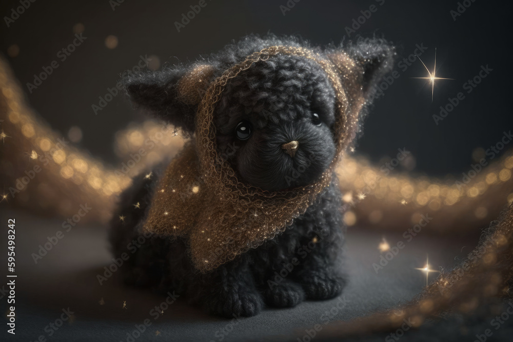 Beautiful expensive toy dog in the New Year's atmosphere. Cute plush ...