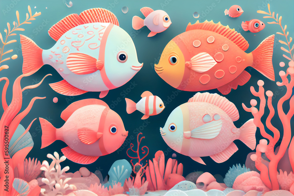 Cute adorable kawaii fish family swimming in the sea. Greeting cartoon ...
