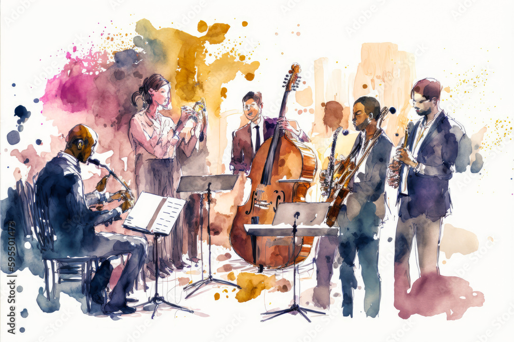 A diverse musical group is preparing for a performance on stage. The ...