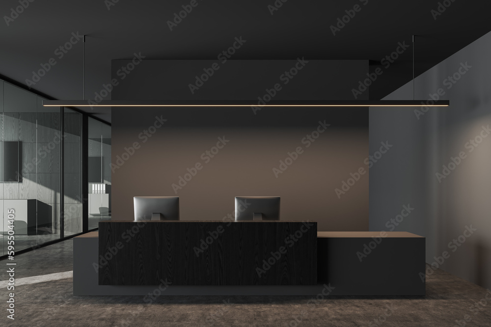 Grey reception interior desk with two computers and business company ...