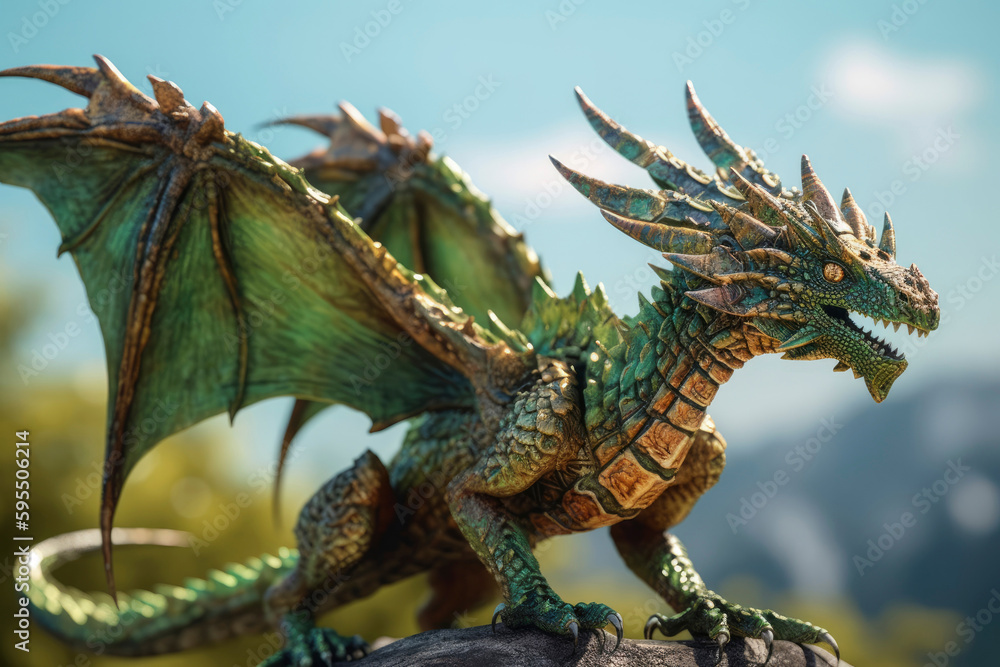 Obraz Figurine of a full length green wooden dragon with raised wings ...