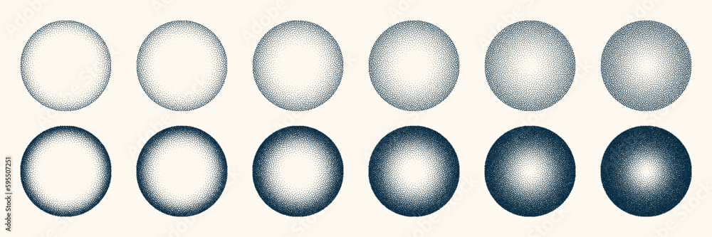 Round shaped dotted objects, vintage stipple elements. Fading gradient ...