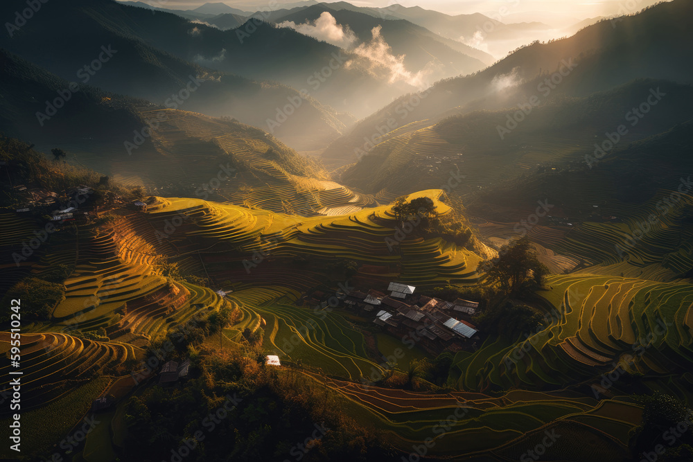 Aerial photography of mountains with rice plantations. Breathtaking ...
