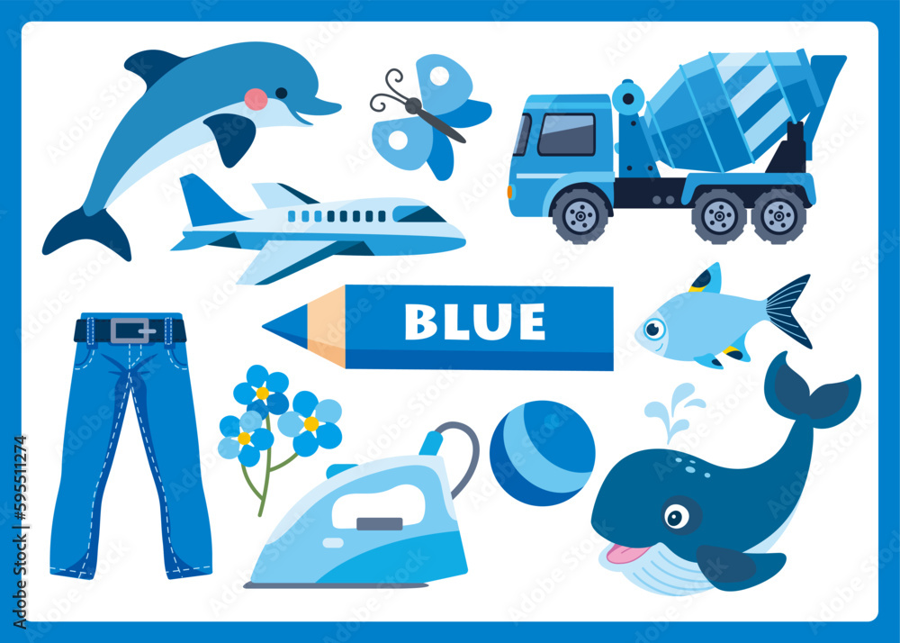 Blue color cartoon illustration for learning colors. Cute blue objects ...