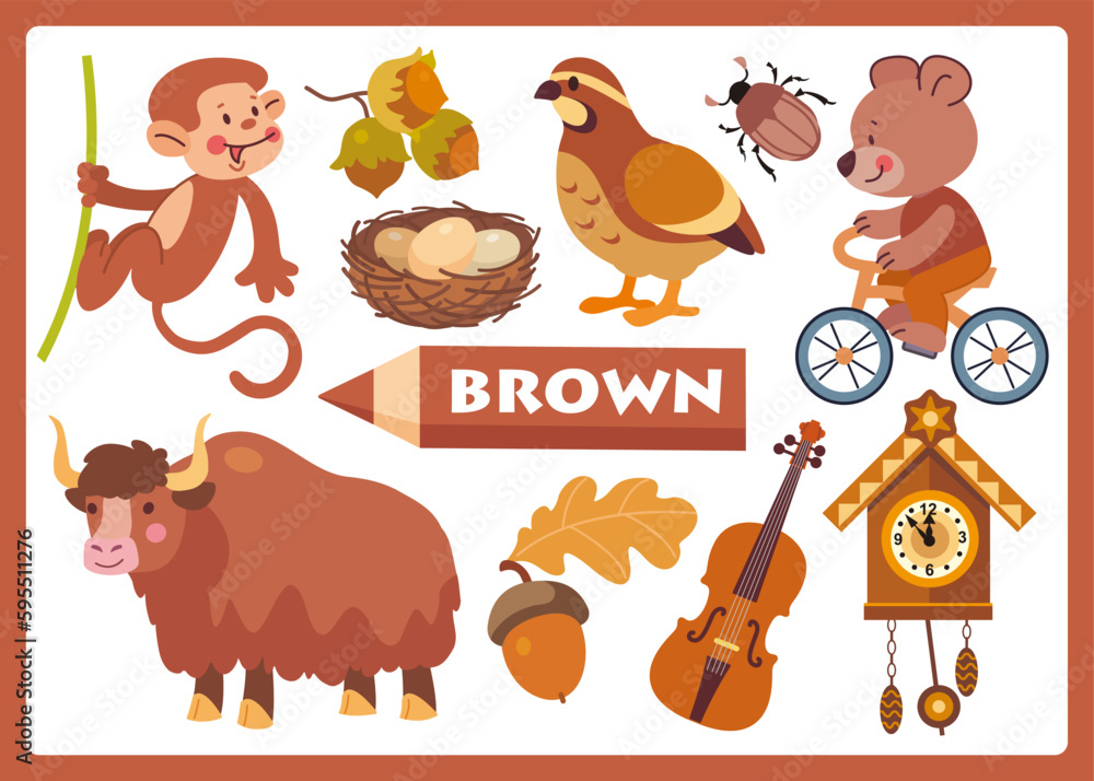 Brown color cartoon illustration for learning colors. Cute brown ...