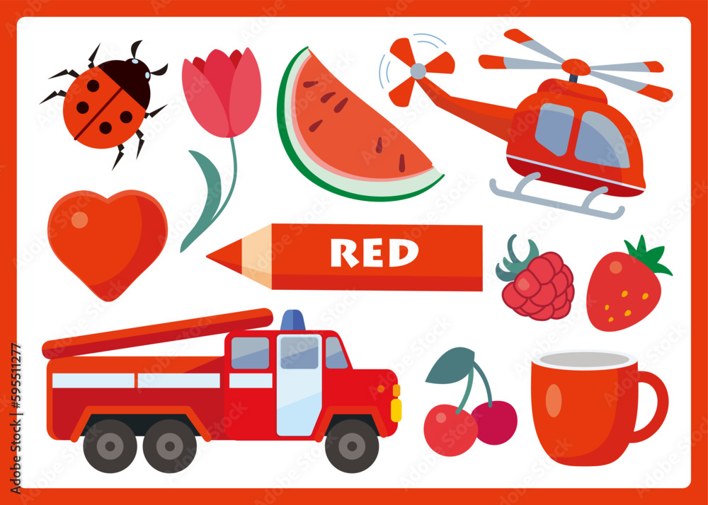 Red cartoon illustration for learning colors. Cute red objects set for ...