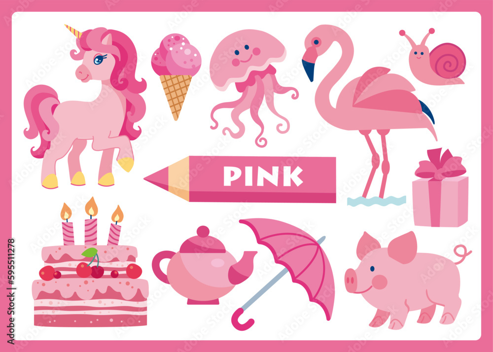 Pink color cartoon illustration for learning colors. Cute pink objects ...