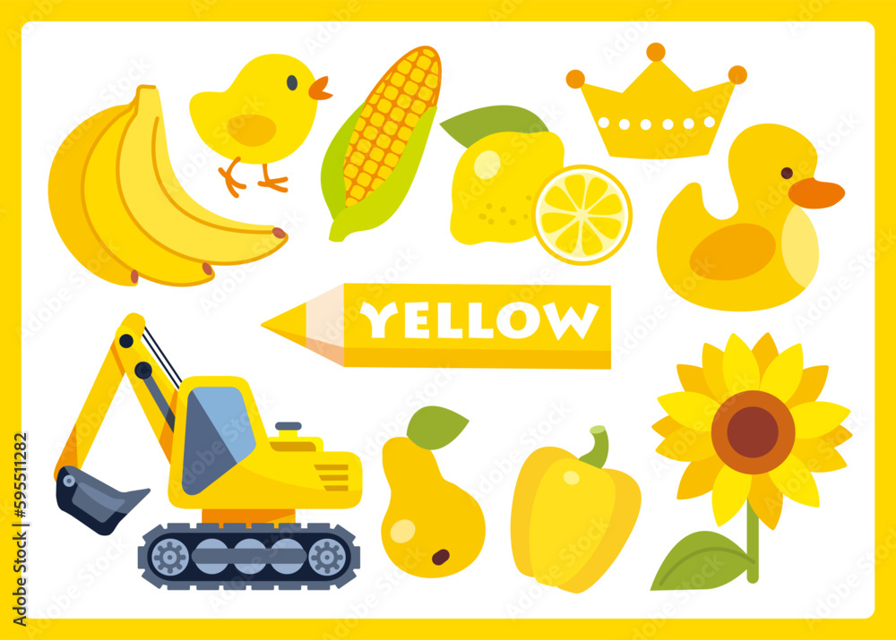 Yellow cartoon illustration for learning colors. Cute yellow objects ...
