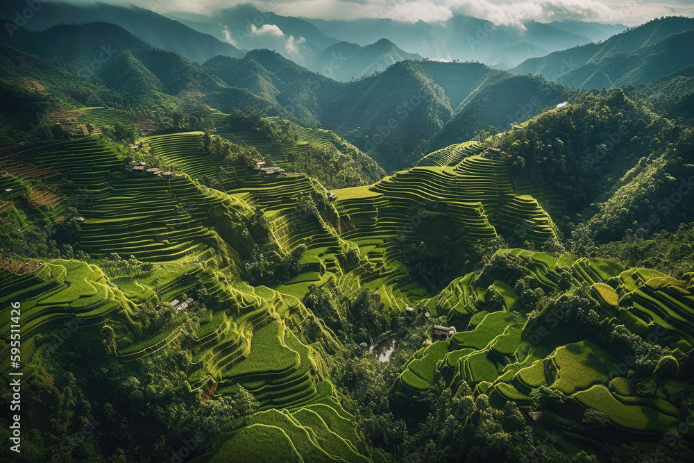Aerial photography of mountains with rice plantations. Breathtaking ...