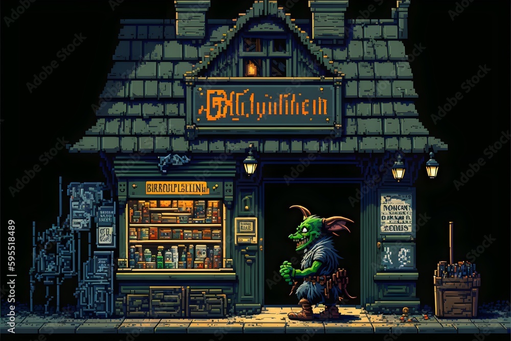 16 bit pixel art goblin store pixel art black background Stock ...