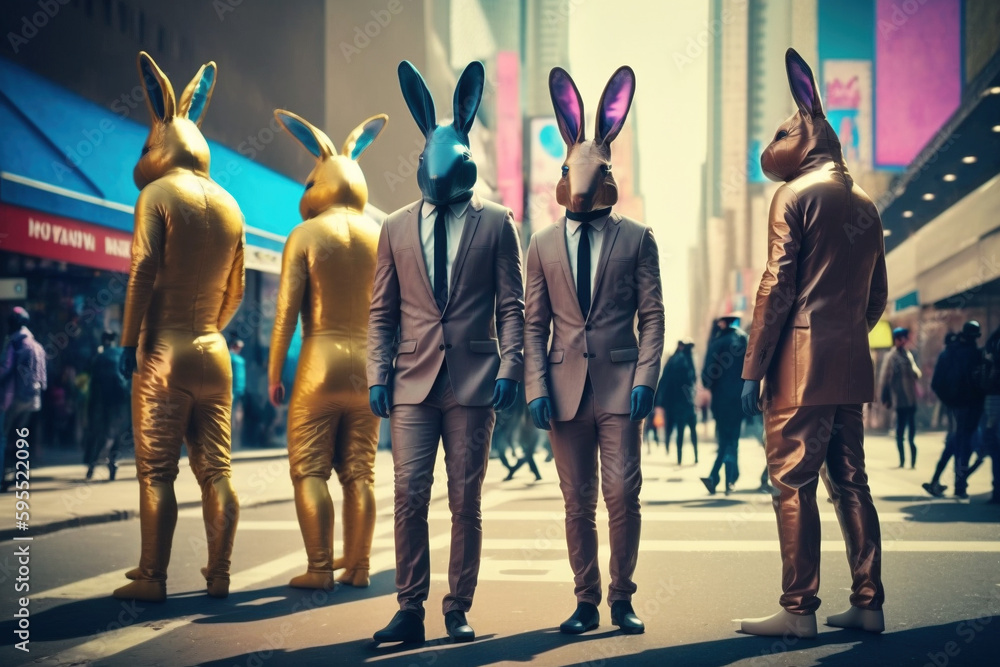 abstract, modern surreal group of easter bunny dressed, standing and ...