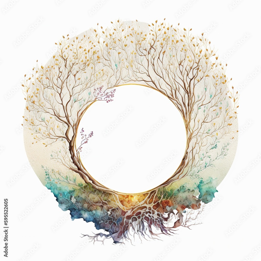 Watercolor painting of intricate tree roots and vine arranged in ...