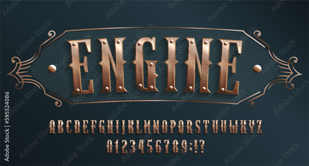 Engine alphabet font. Riveted letters and numbers in steampunk style ...