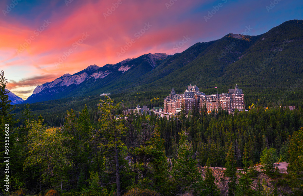 Banff, Canada - September 22, 2021: Sunrise over Fairmont Banff Springs ...