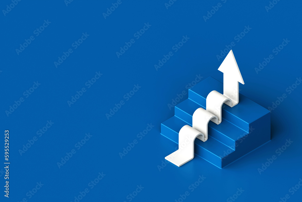 White arrow following the stairs of growth on blue background, 3D arrow ...