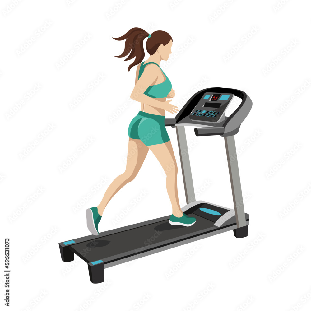 Vector illustration of a girl running on a treadmill on a white ...
