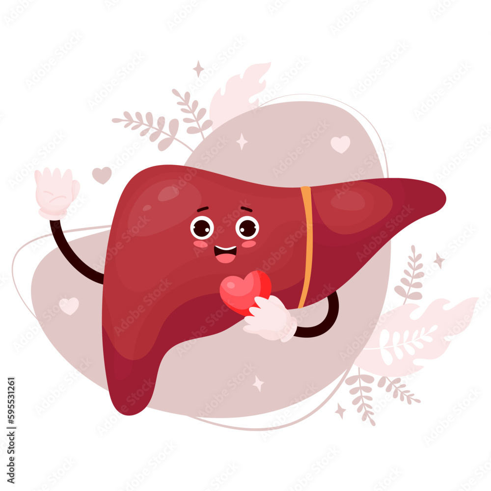 Cute cartoon liver character. Funny smiling human organ with heart in ...