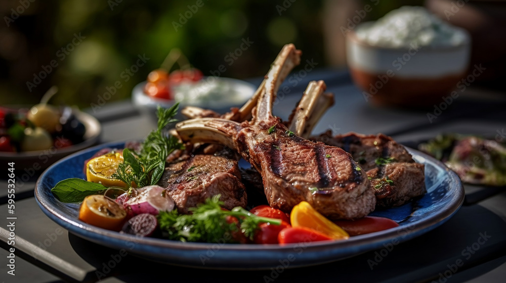 Poster A grilled lamb chops platter, featuring tender and juicy chops ...