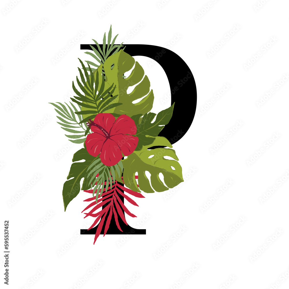 Tropical floral letter P with bouquet png clipart. Wedding flower ...
