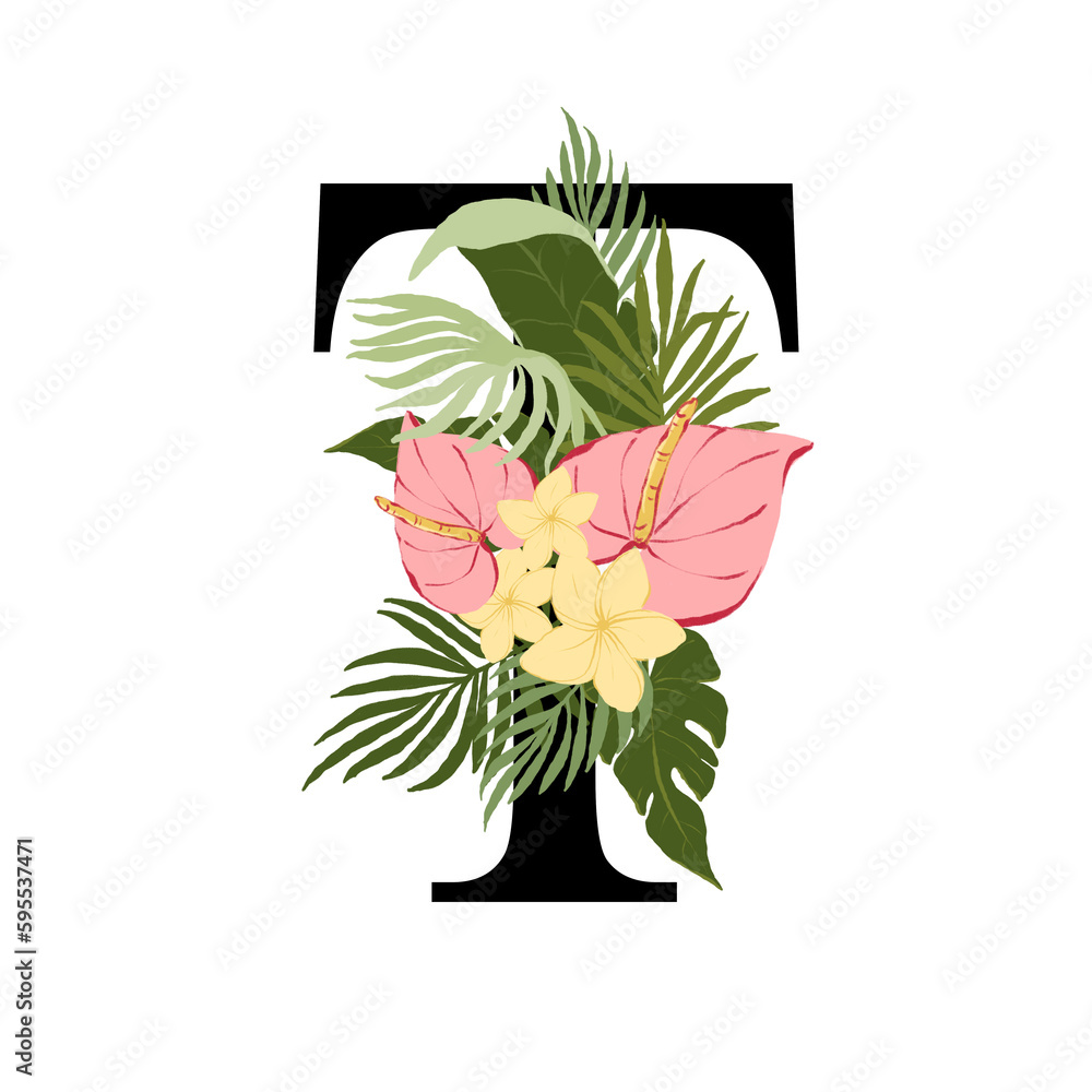 Tropical floral letter T with bouquet png clipart. Wedding flower T ...