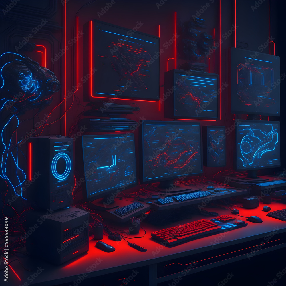 Futuristic Cyberpunk Blade Runner Computer Multiple Monitors Setup Control Room Desk Red Laser ...