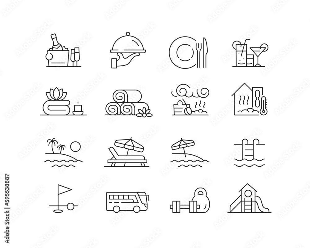 Resort Hotel Facilities Icon collection containing 16 editable stroke ...