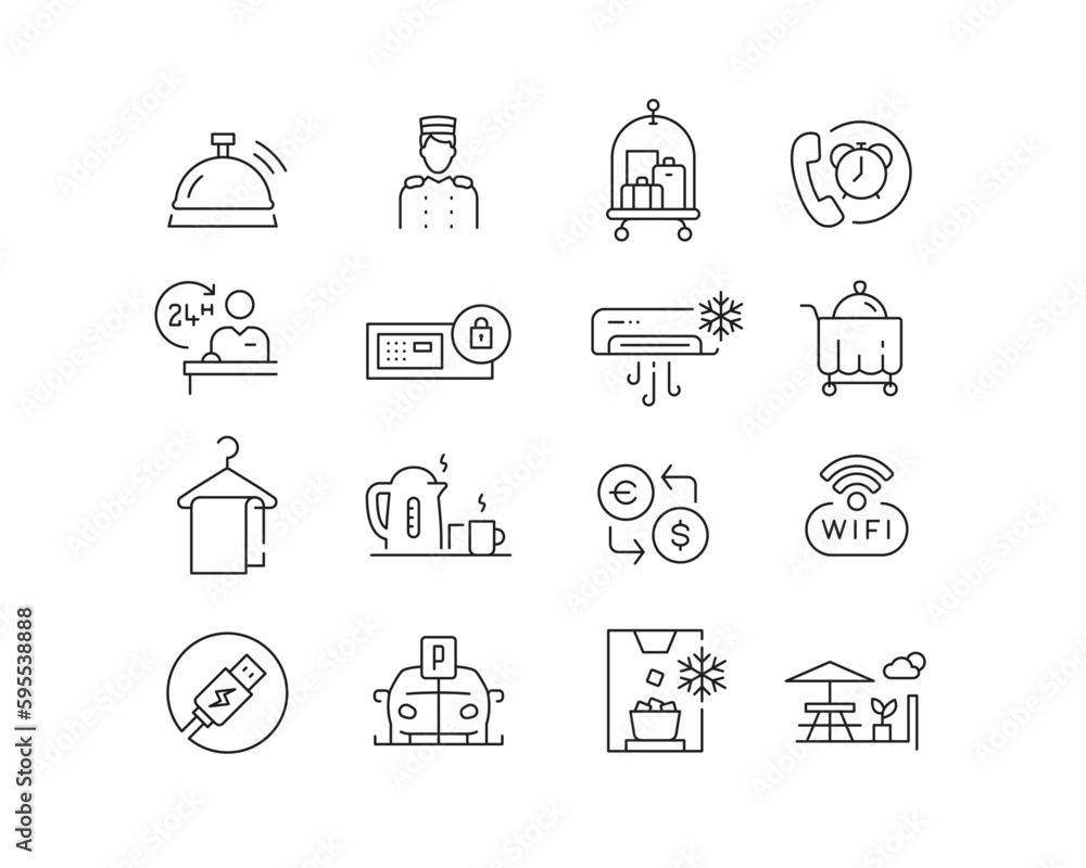 Hotel Facilities Icon collection containing 16 editable stroke icons ...