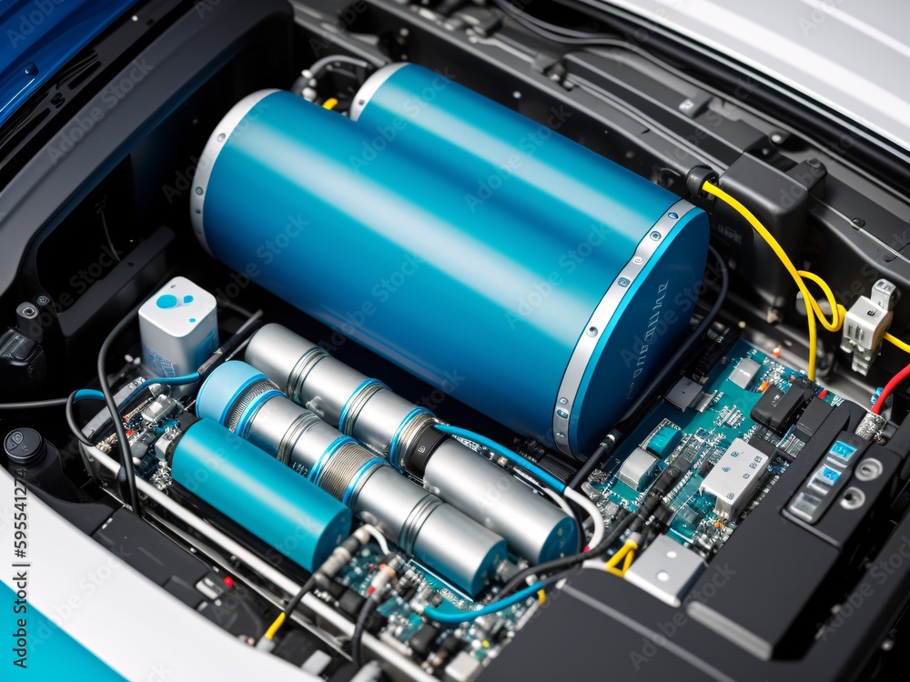 A close-up of a hydrogen fuel cell, showing the intricate components ...
