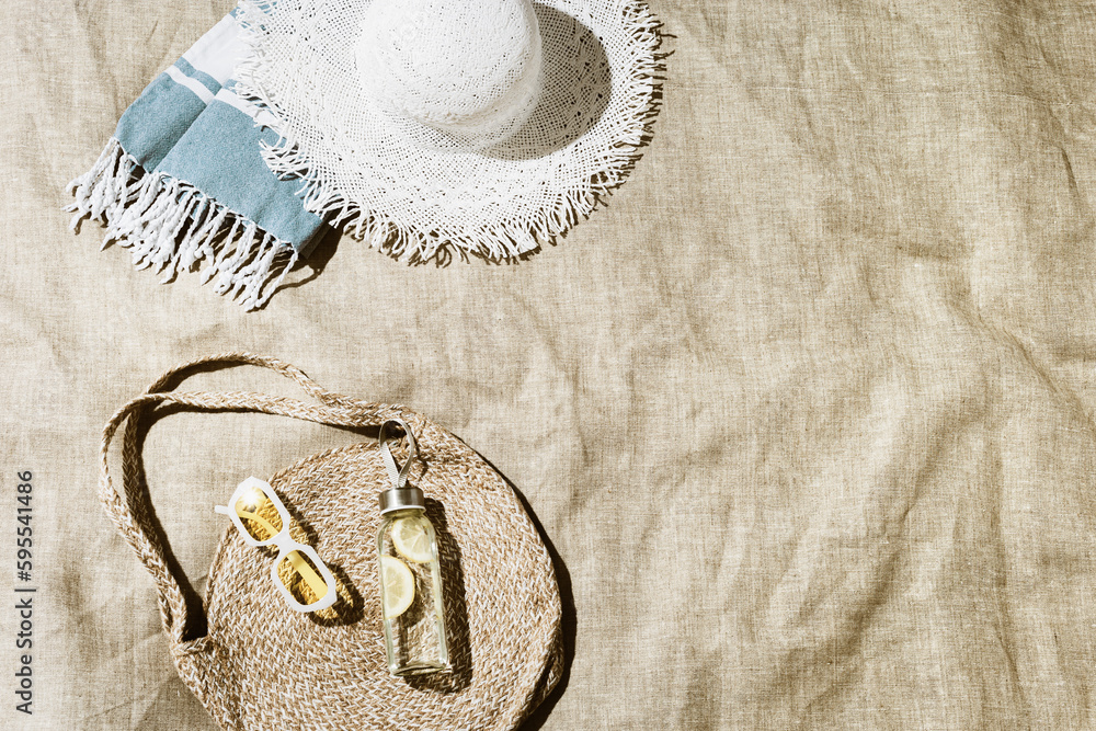 Summer vacation, beach rest concept, aesthetic flat lay fashion beach ...