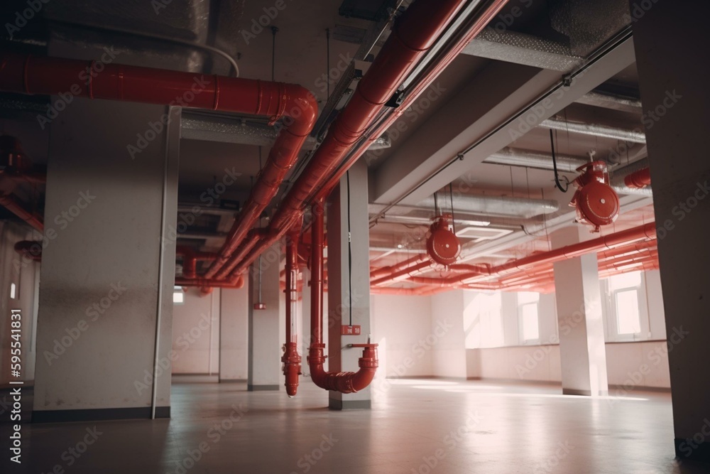 Fire sprinkler system with red pipe and fire protection inside building ...