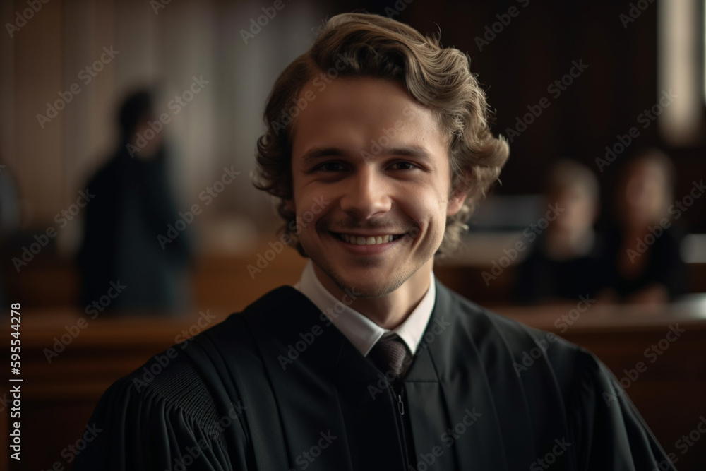 young law university graduate in the courtroom, in the gown, after ...