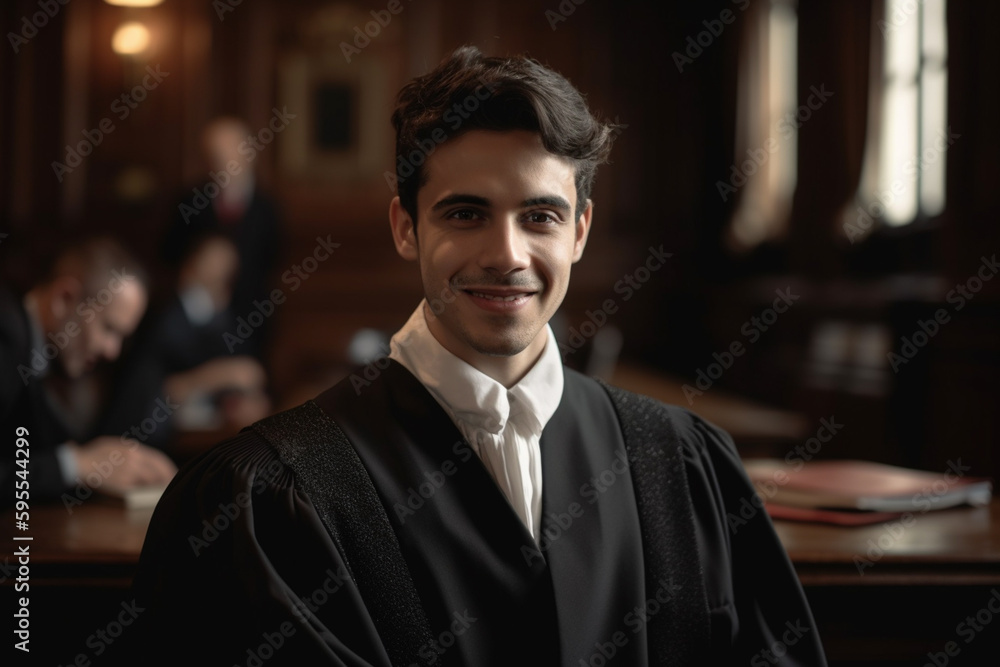 young law university graduate in the courtroom, in the gown, after ...
