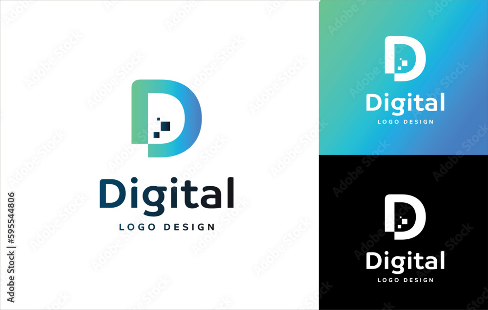 Digital logo from letter d. Pixel effect in the letter D. Data transfer ...