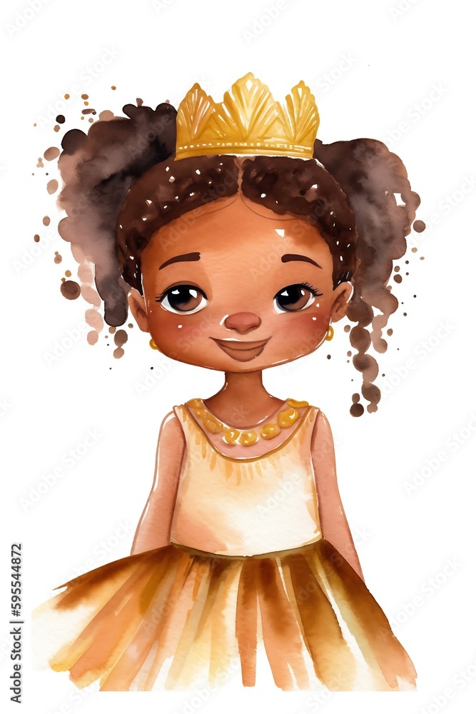 beautiful watercolor african american princess, black girl with crown ...