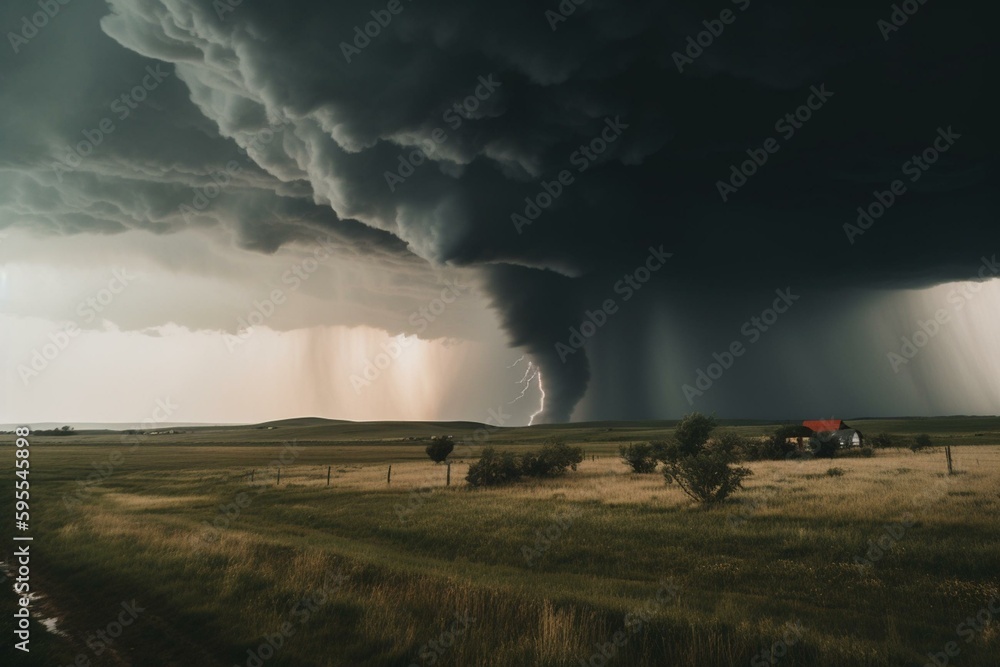 A strong tornado in a storm with hail and lightning striking in a field ...
