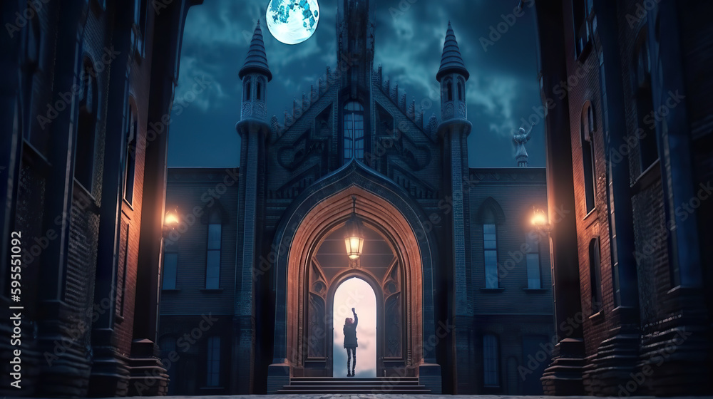 Dark academia style, boarding school in dark gothic castle, entrance ...