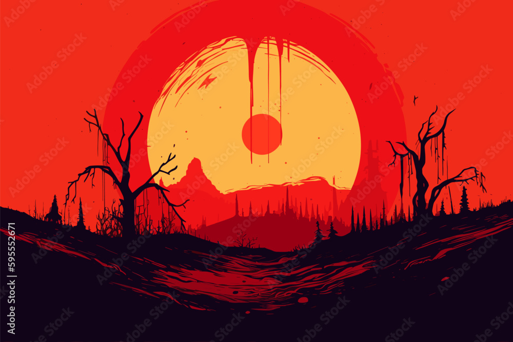 Simplistic drawing of a ending of the world behind a red dead sun ...