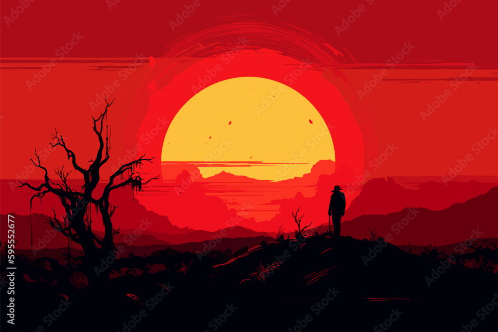 Vetor de Simplistic drawing of a ending of the world behind a red dead ...