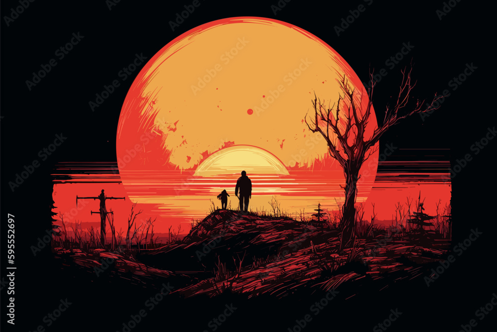 Simplistic drawing of a ending of the world behind a red dead sun ...