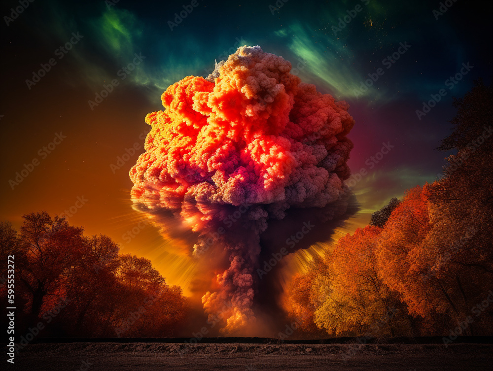 Nuclear explosion glowing and radiating in neon lights - Generative AI ...