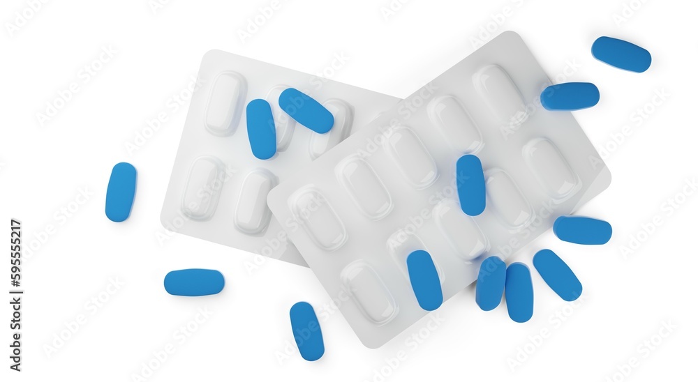 Blue pill tablets scattered over two white pill blister packs isolated ...