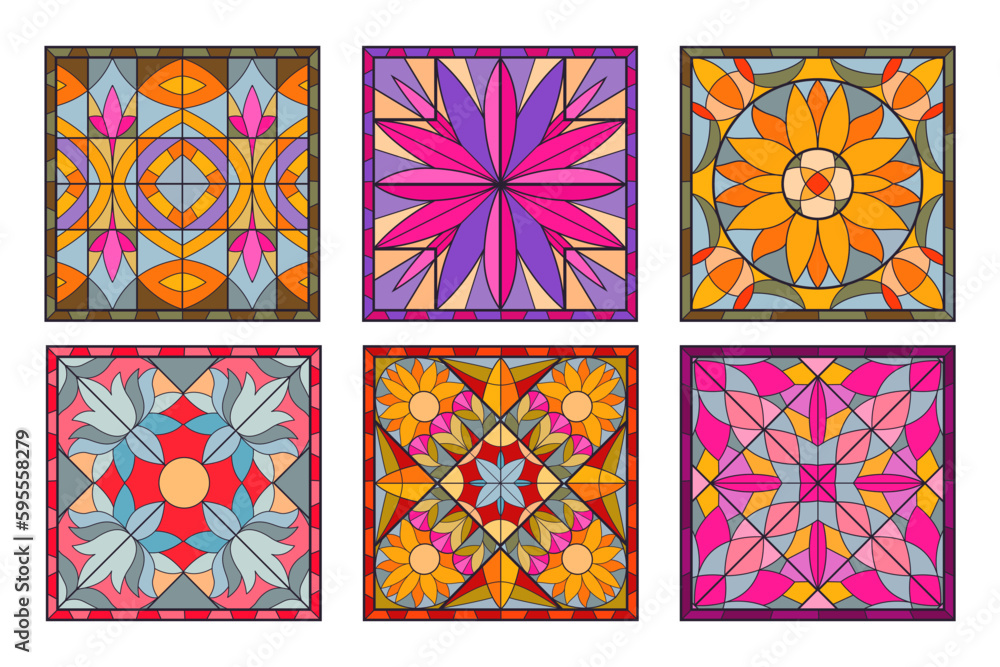 Cartoon stained glass pattern. Mosaic tile church windows, geometry and ...