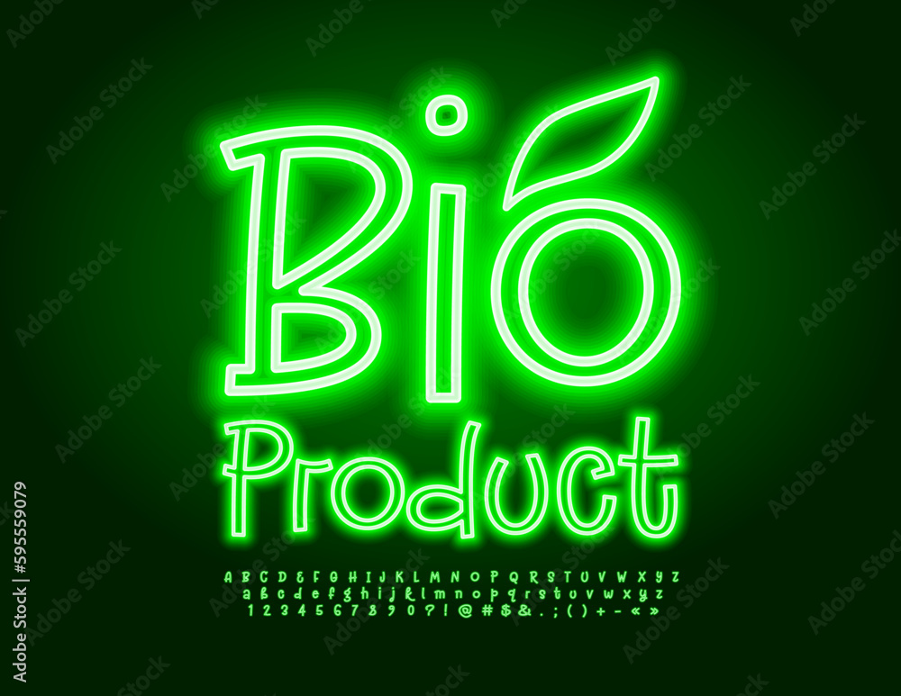 Vector neon banner Bio Product. Green handwritten Font. Glowing ...